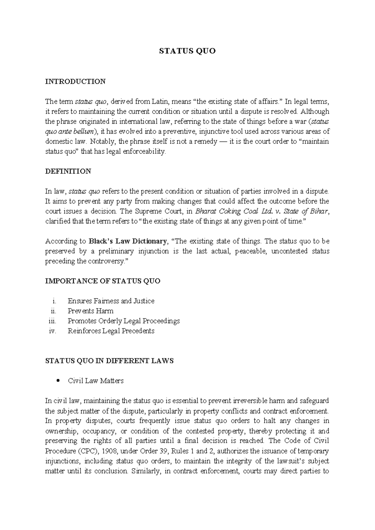 Status Quo in Law: Understanding Its Importance and Implications - Studocu