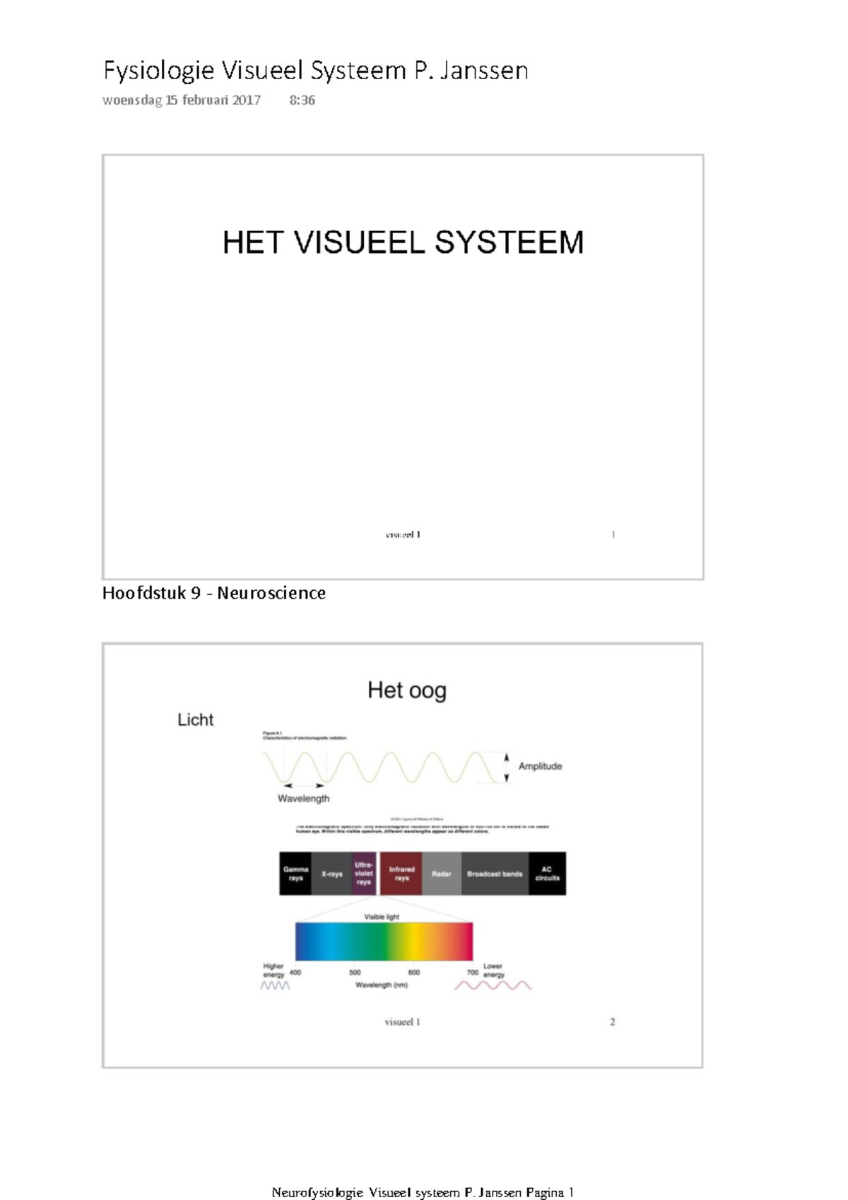 I 1 Fysiologie Visueel Systeem P. Janssen (compleet) - Warning: TT: undefined function: 32 ...