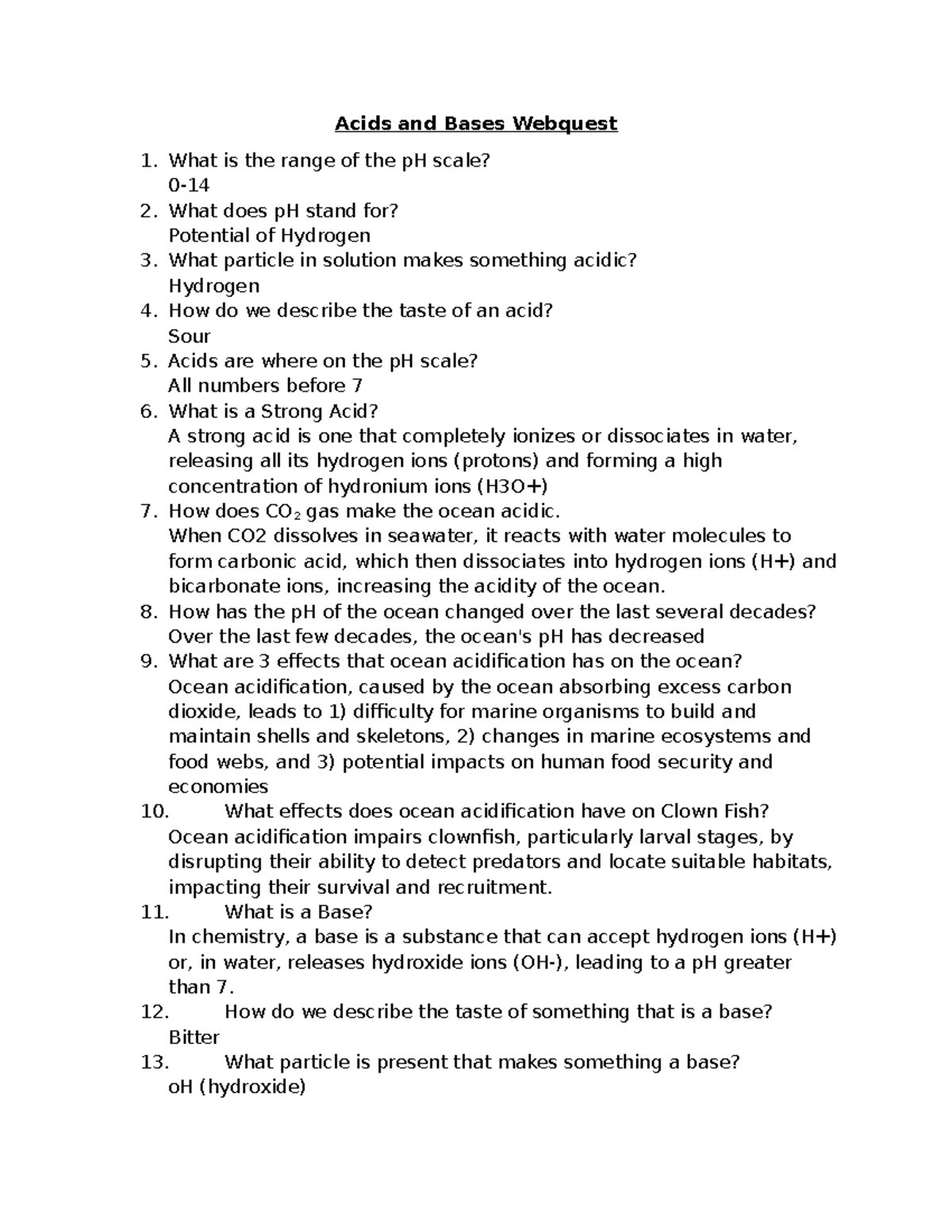 Acids and Bases Webquest: Understanding pH Scale and Ocean ...