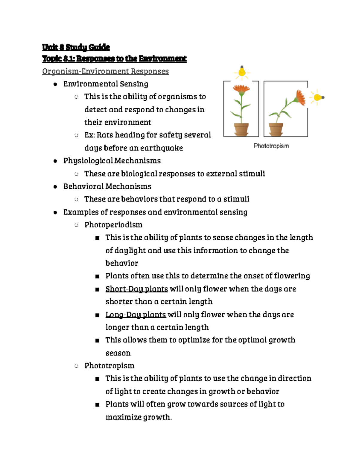 Unit 8 Study Guide: Responses to the Environment in AP Bio - Studocu