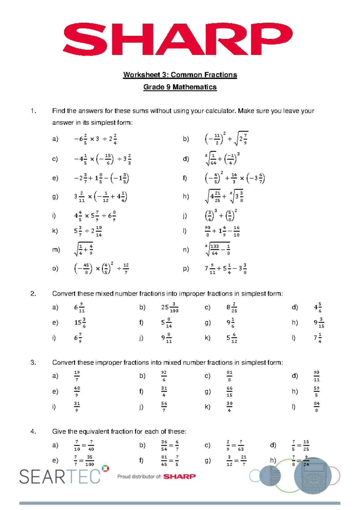 Grade 9 Maths: Worksheet 3 on Common Fractions - Studocu