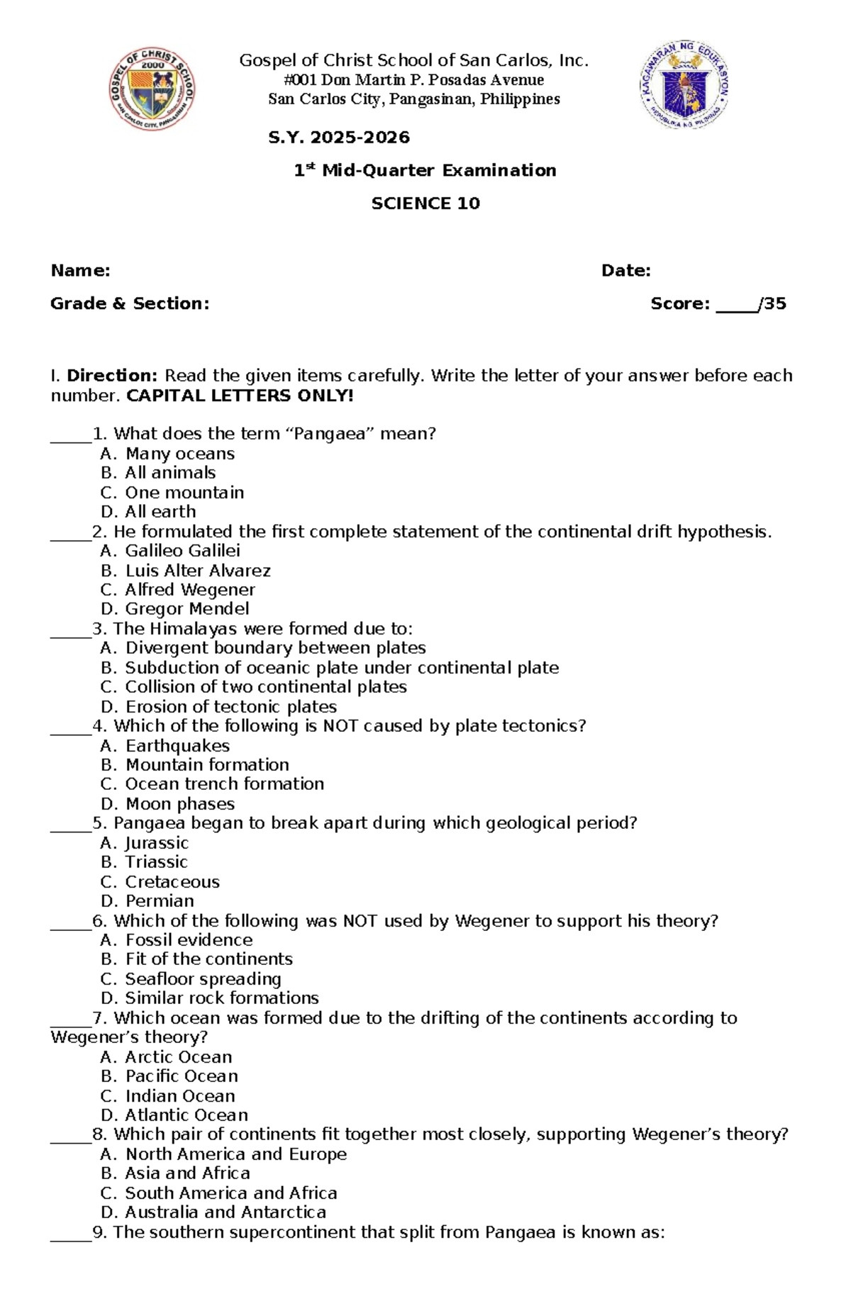 1ST MIDTERM EXAM GRADE 10 SCIENCE L1-L2 2025-2026 - Studocu