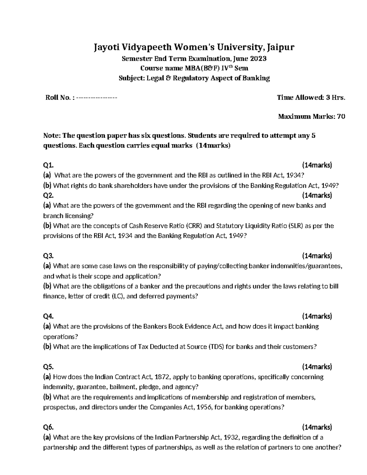 Legal & Regulatory Aspects of Banking - MBA (B&F) IV Sem Exam - Studocu