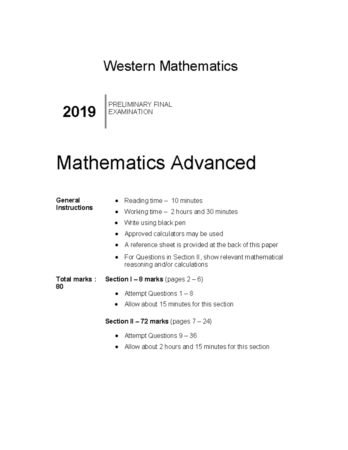 WME Mathematics Advanced 2019 Preliminary Final Exam Guide - Studocu