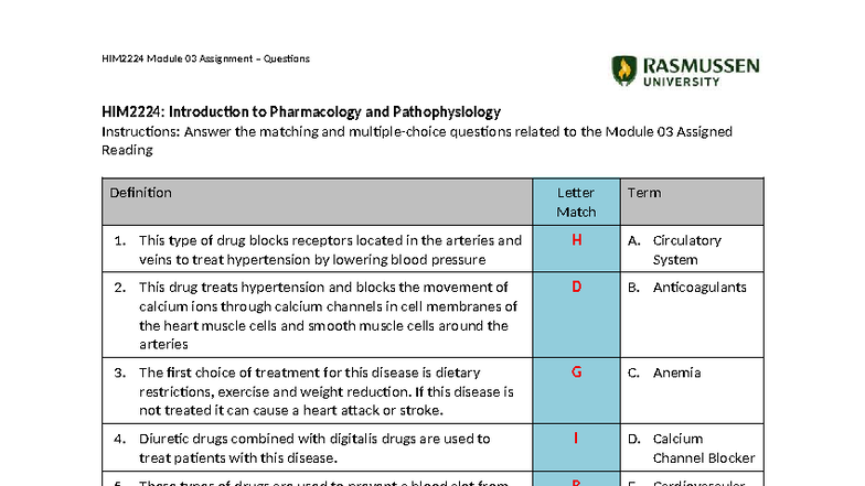 Module 03 Assignment: Pharmacology & Pathophysiology Qs - Studocu