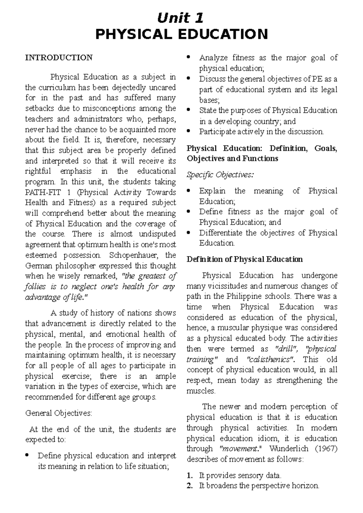 Unit 1: Understanding Physical Education in PATH-FIT 1 - Studocu