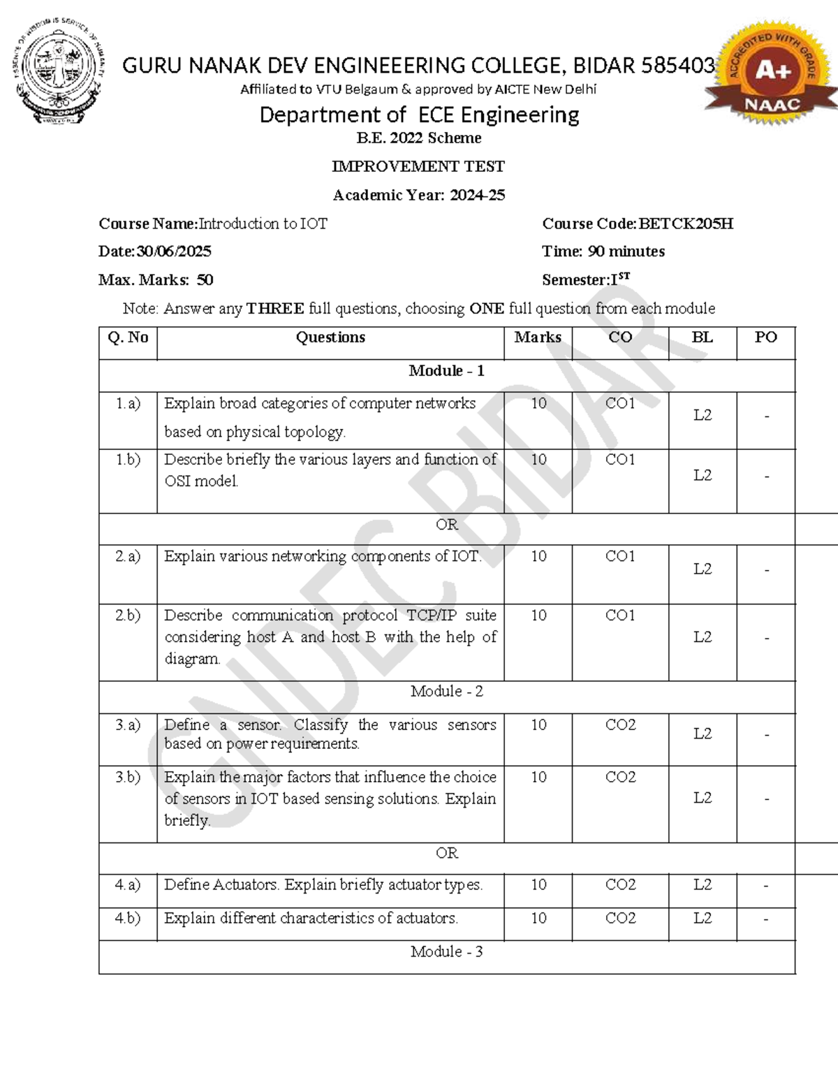 Improvement Test Question Paper for IOT (BETCK205H) - B.E. 2022 - Studocu