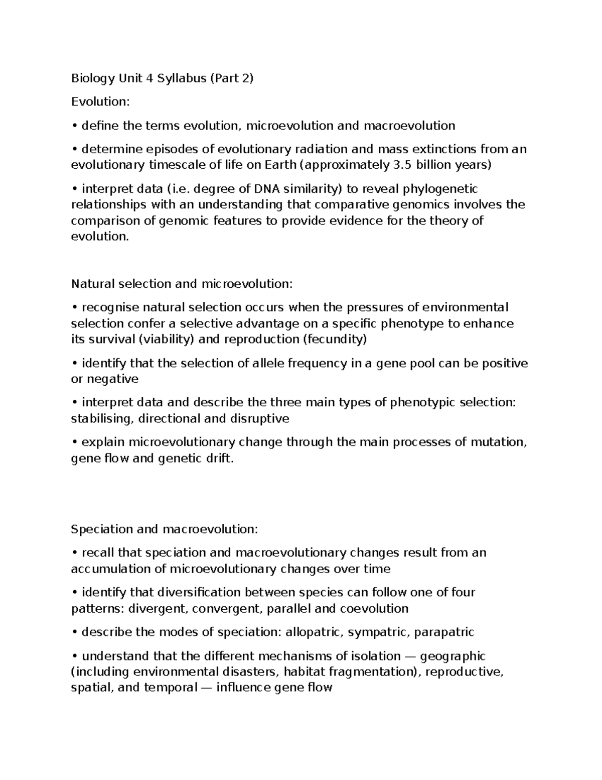 Biology Unit 4 Syllabus: Evolution, Microevolution & Speciation - Studocu