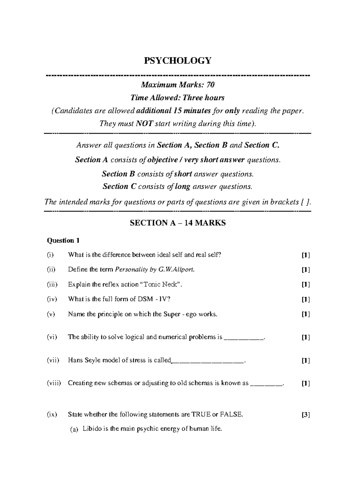PSYCHOLOGY ISC 12 Final Exam Question Paper with Marks and Time Details ...