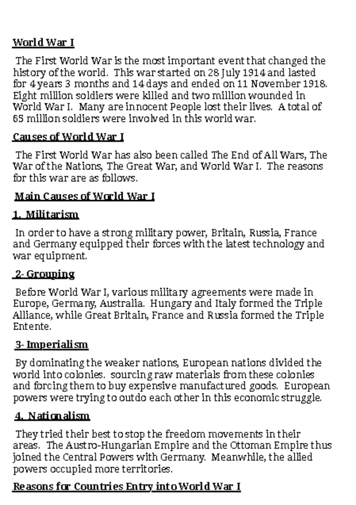 WW1 Causes and Impacts Notes for BS Political Science Students - Studocu