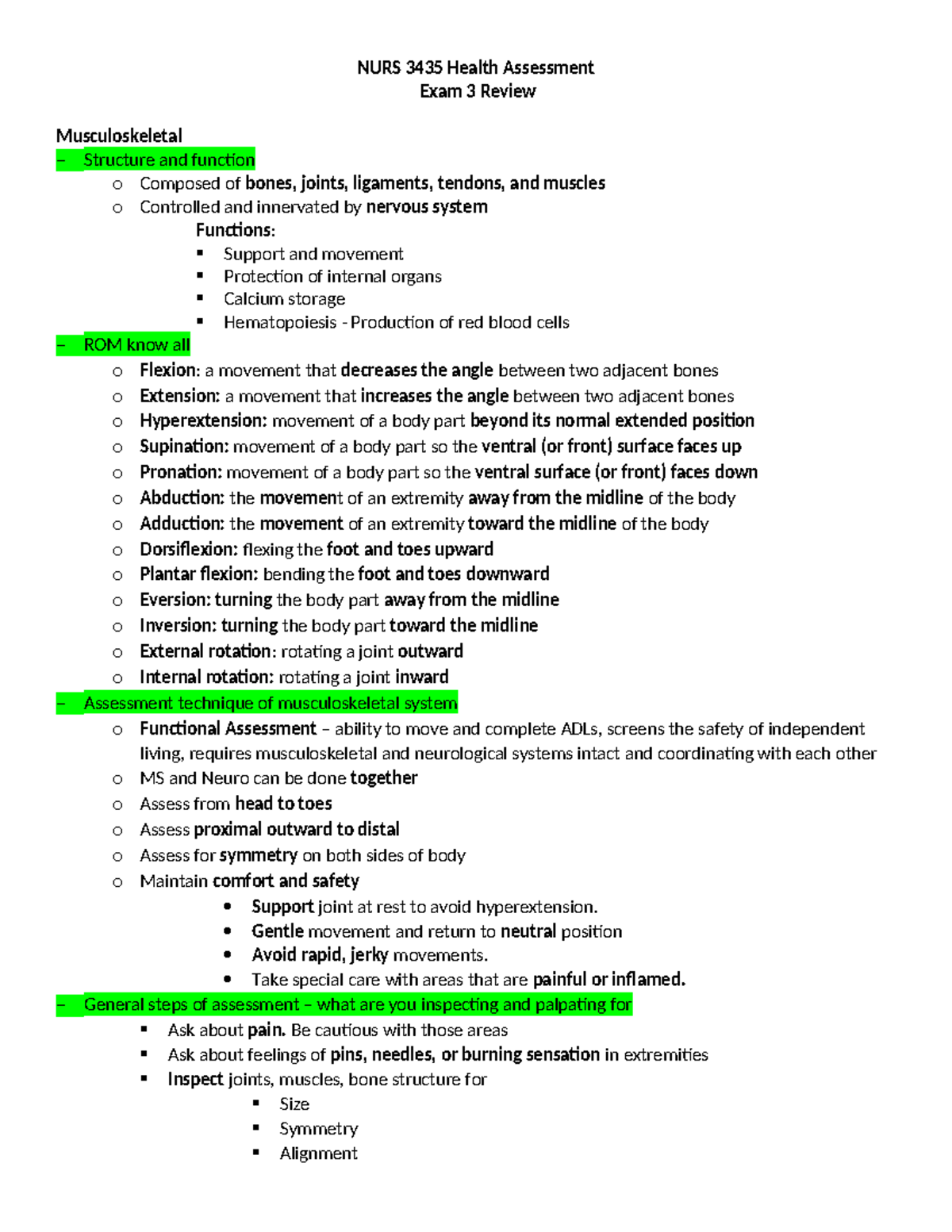 NURS 3435 Health Assessment Exam 3 Review: Musculoskeletal & Neuro ...