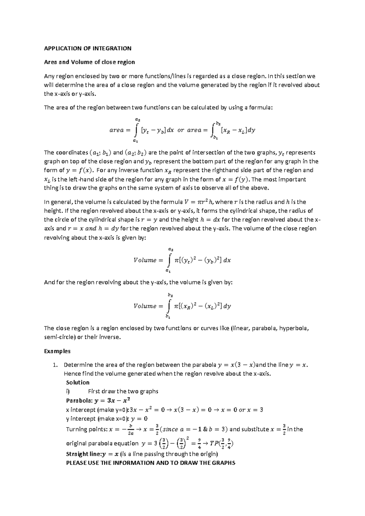 APPLICATION OF INTEGRATION: Area & Volume of Closed Regions (MATH 101 ...