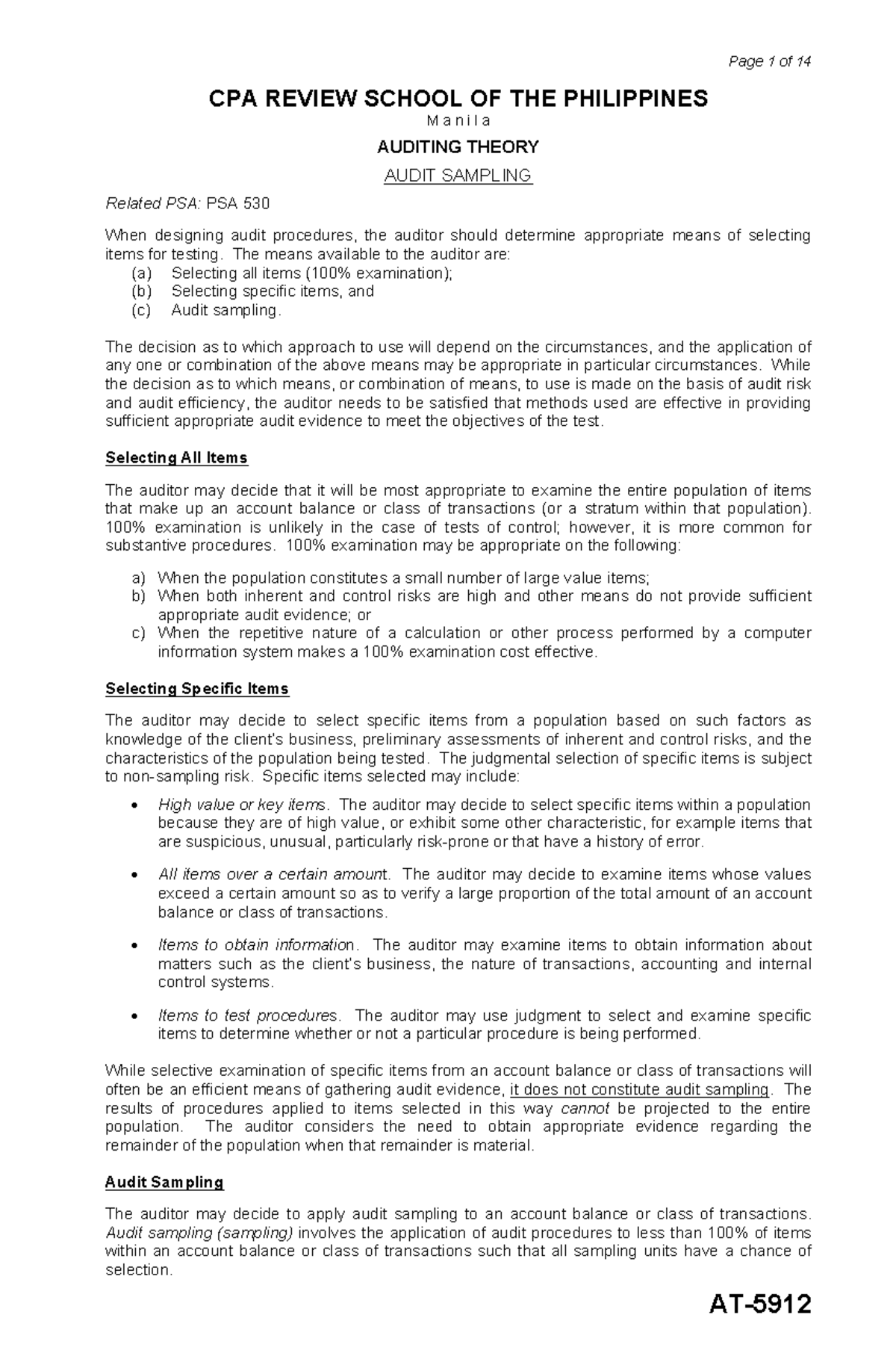 Module 9: Audit Sampling - Understanding PSA 530 Concepts - Studocu