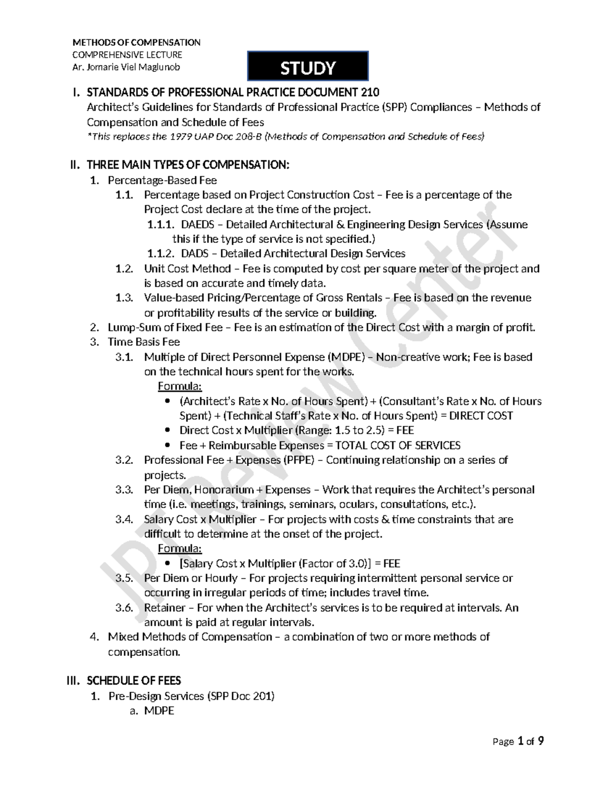 MOC JV SPP Compendium: Professional Practice Standards & Fees - Studocu