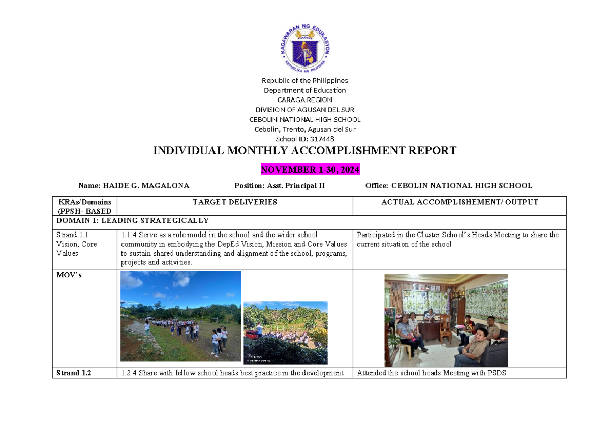 Accomplishment report - Republic of the Philippines Department of ...