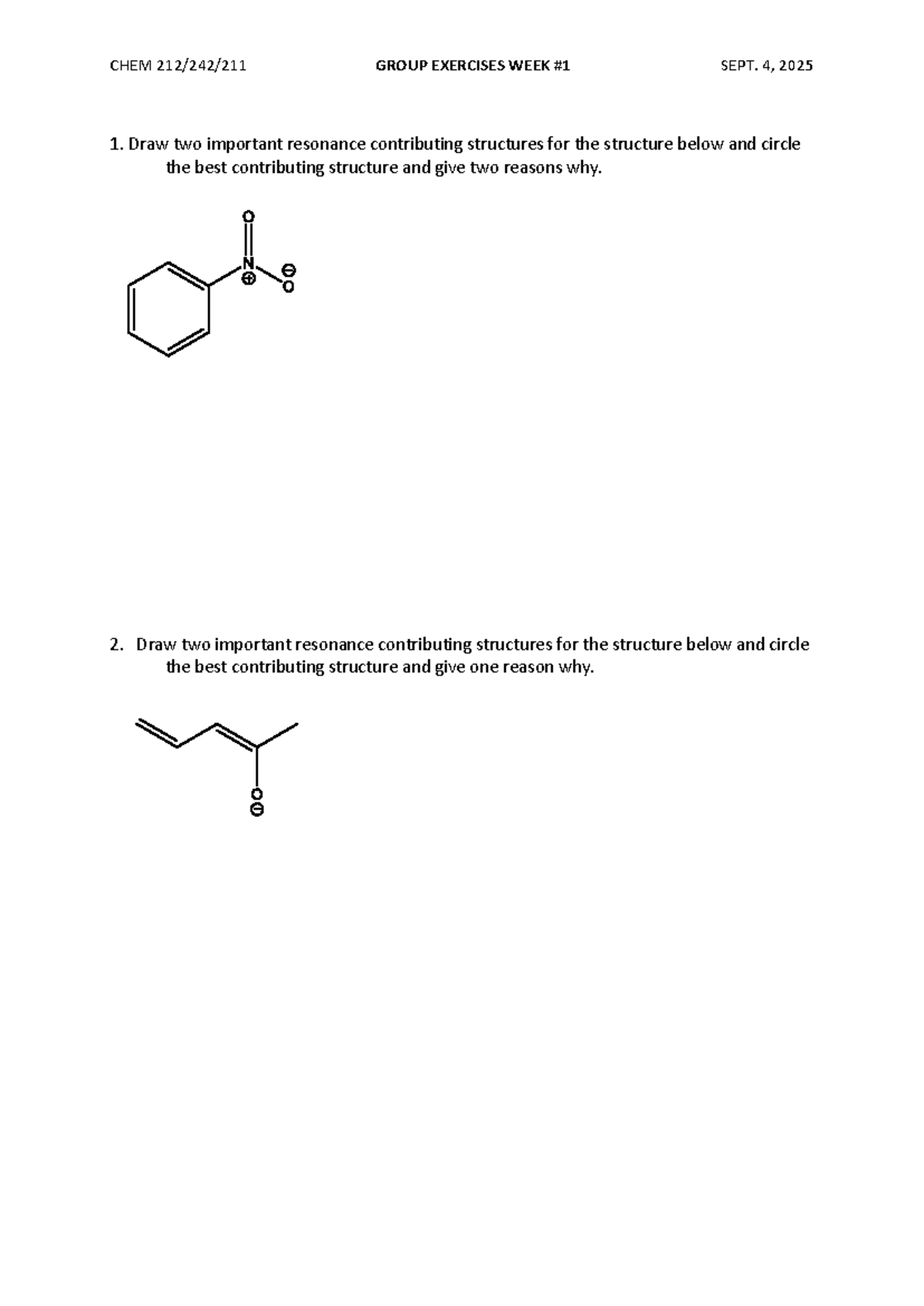 CHEM Group Exercises: Resonance Structures Analysis - Studocu