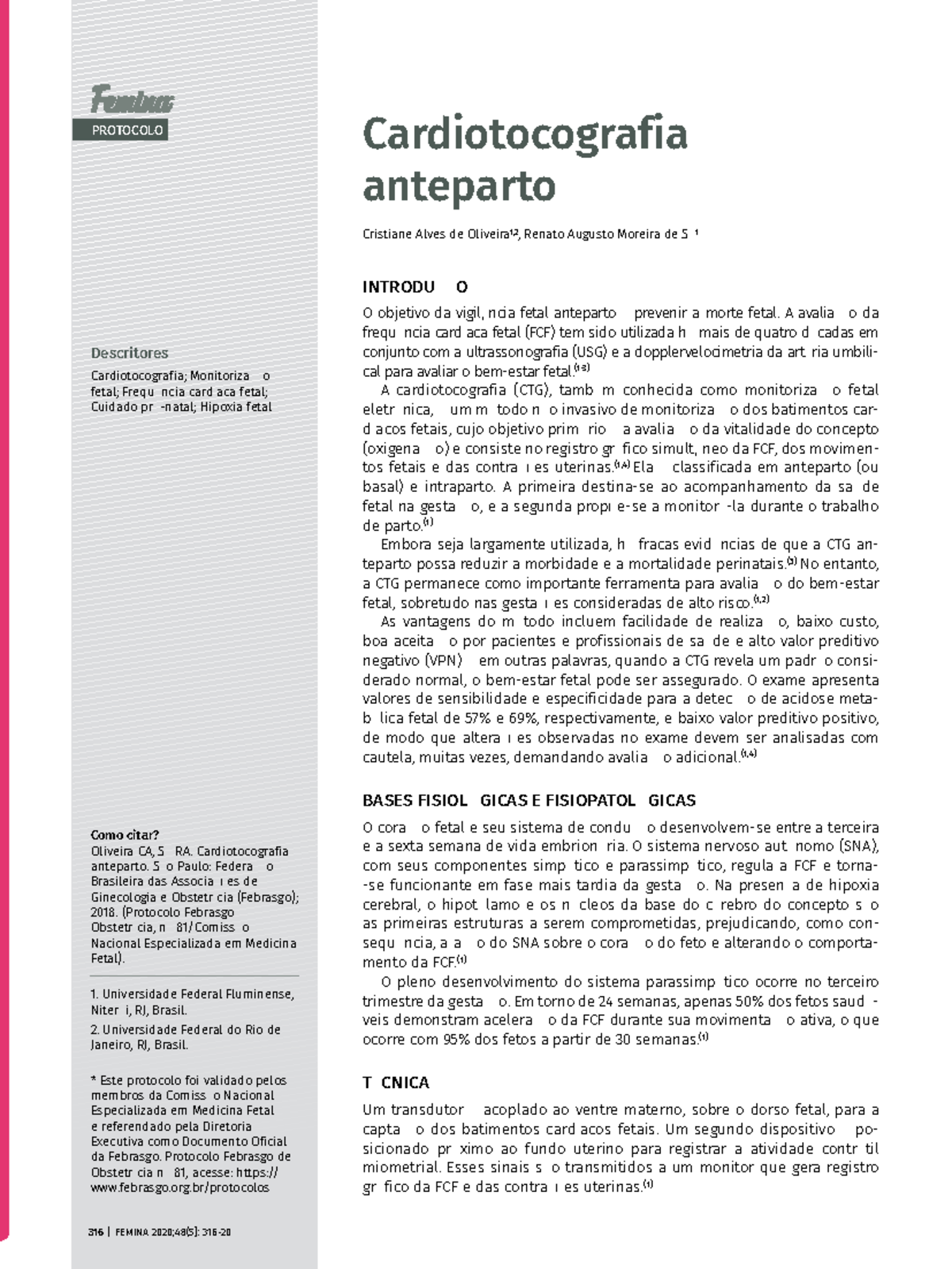 Cardiotocografia Anteparto - Protocolo FEMINA 2020;48(5): 316-320 - Studocu