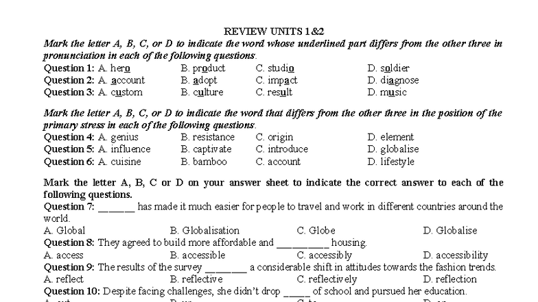 Review Units 1&2 - REVIEW UNITS 1& Mark the letter A, B, C, or D to ...