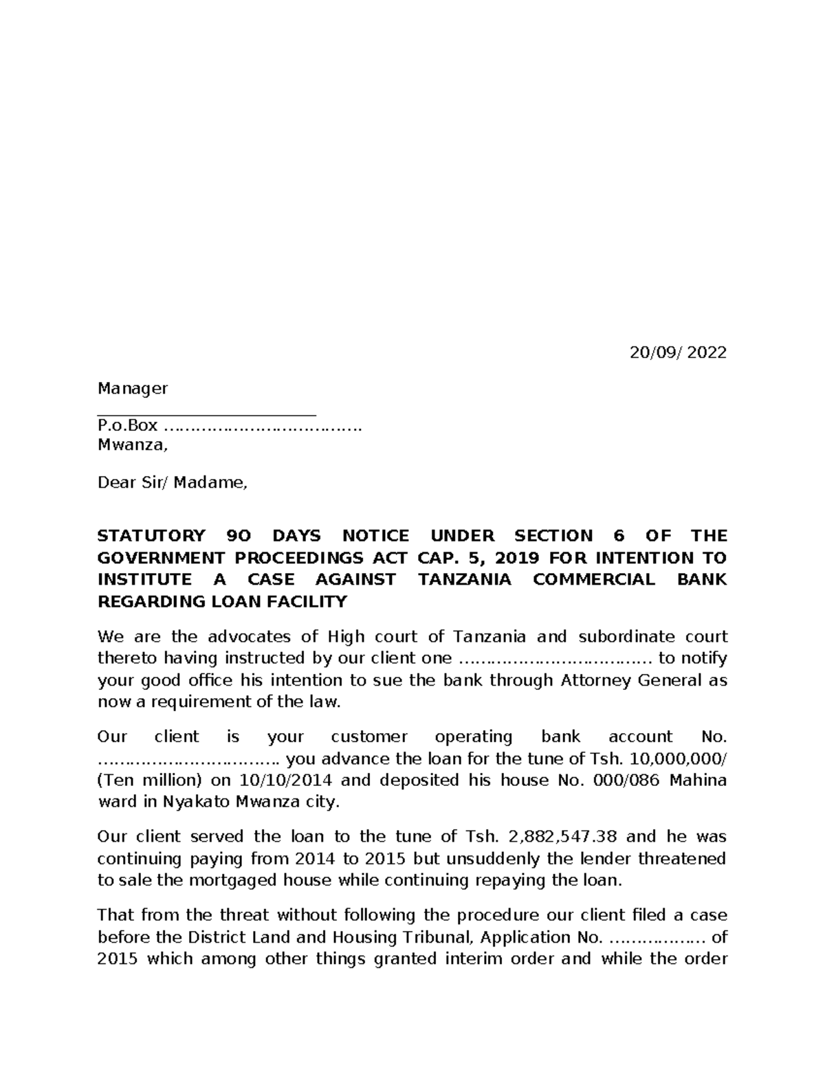 Statutory 90-Day Notice for Legal Action Against Tanzania Commercial ...