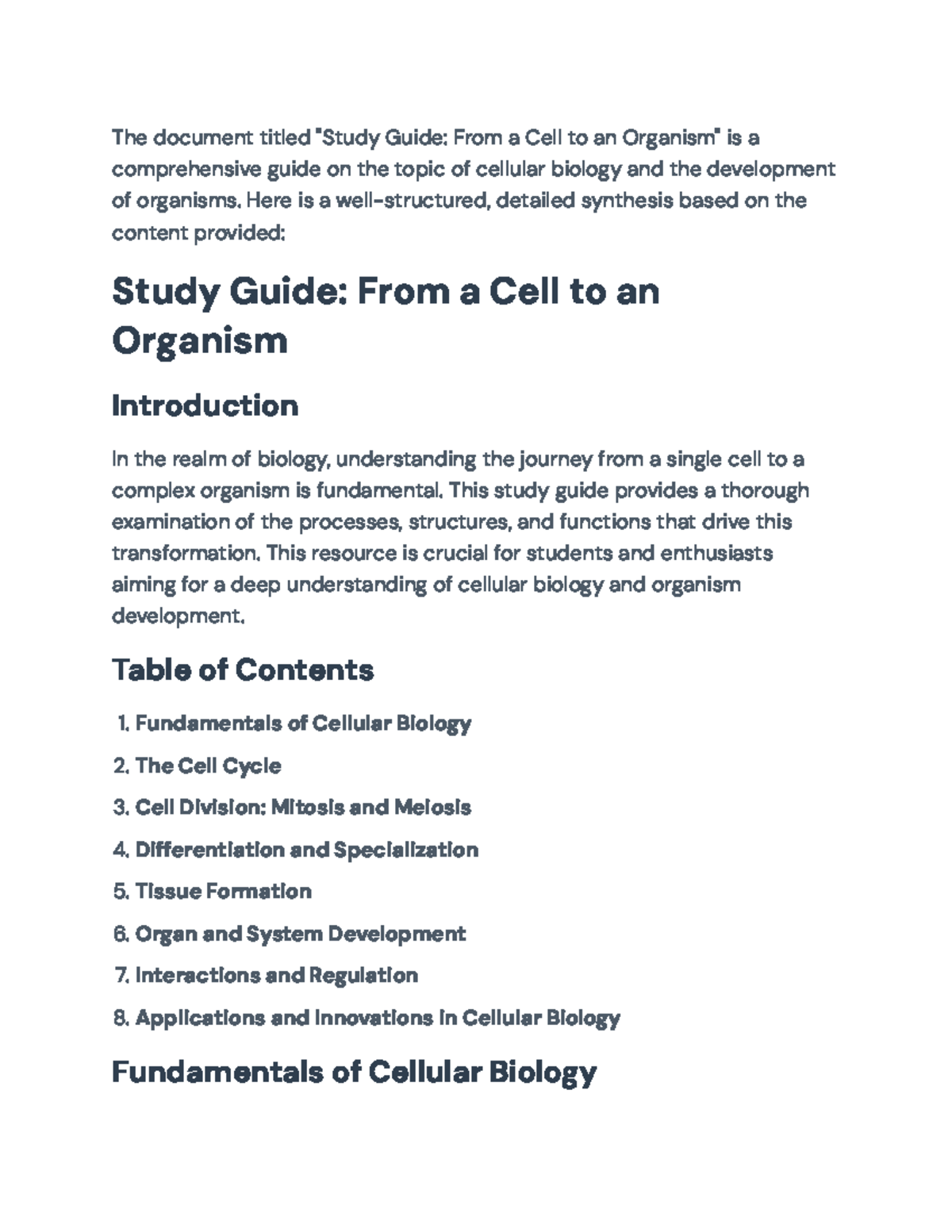 Study Guide: Cellular Biology and Organism Development (BIO101) - The ...