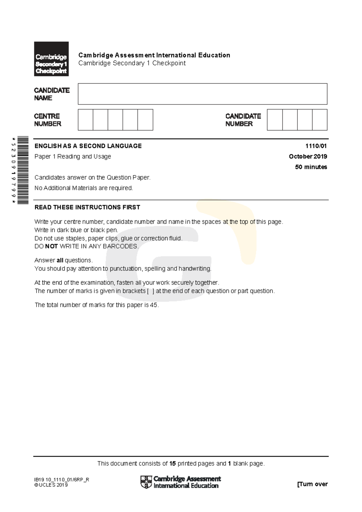 Cambridge Assessment International Education 1110 Reading Paper 1 Oct ...