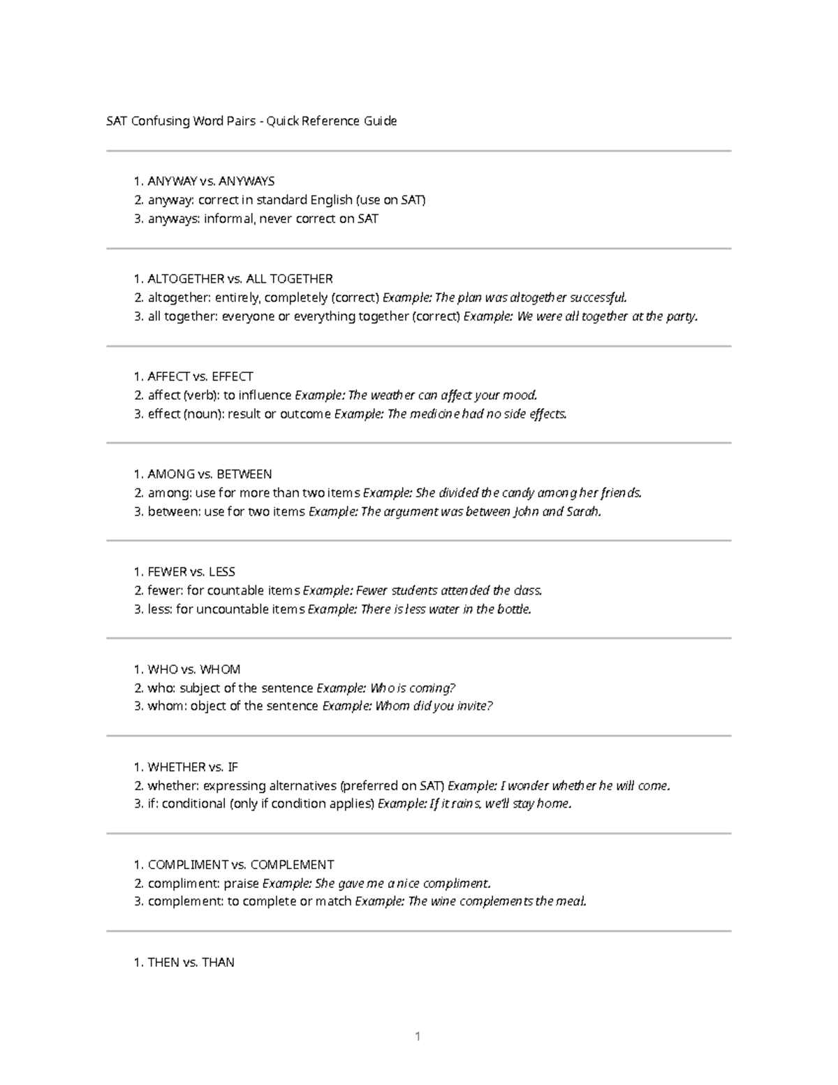 SAT Confusing Word Pairs Quick Reference Guide - DELLDEPE;C NPICPC ...