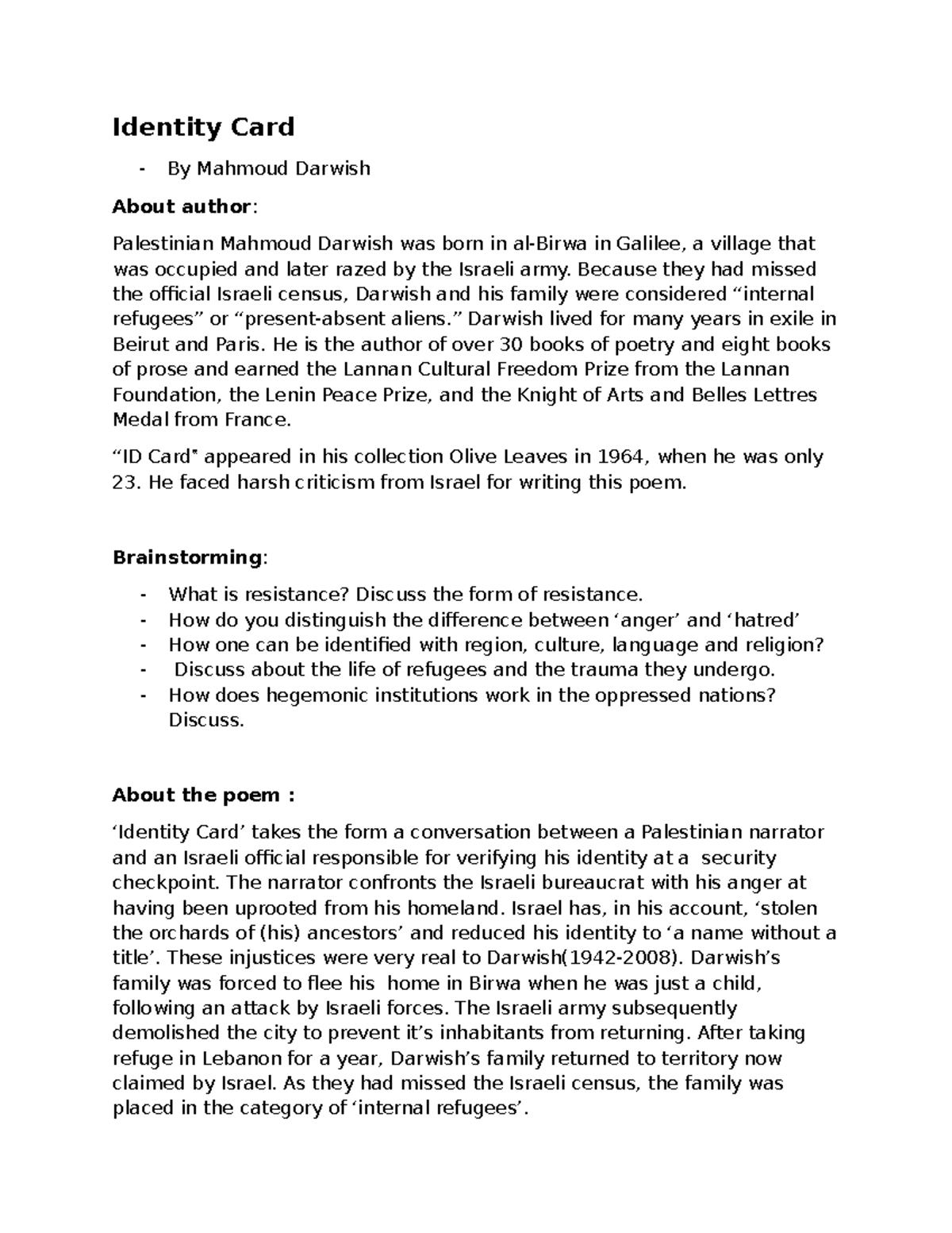 Identity Card - Notes, Glossary, & Q&A on Mahmoud Darwish's Poem - Studocu