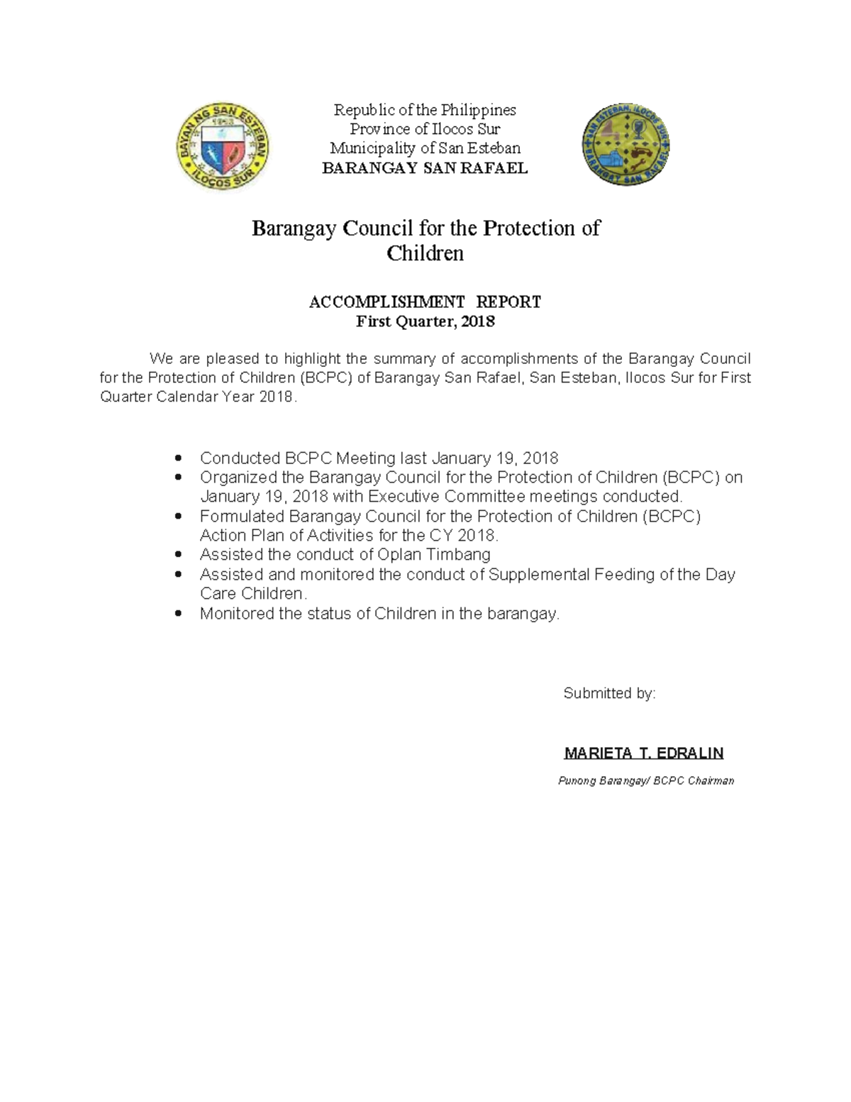 BCPC Accomplishment Report Q1, Q2 & Q4 2018: Barangay San Rafael - Studocu