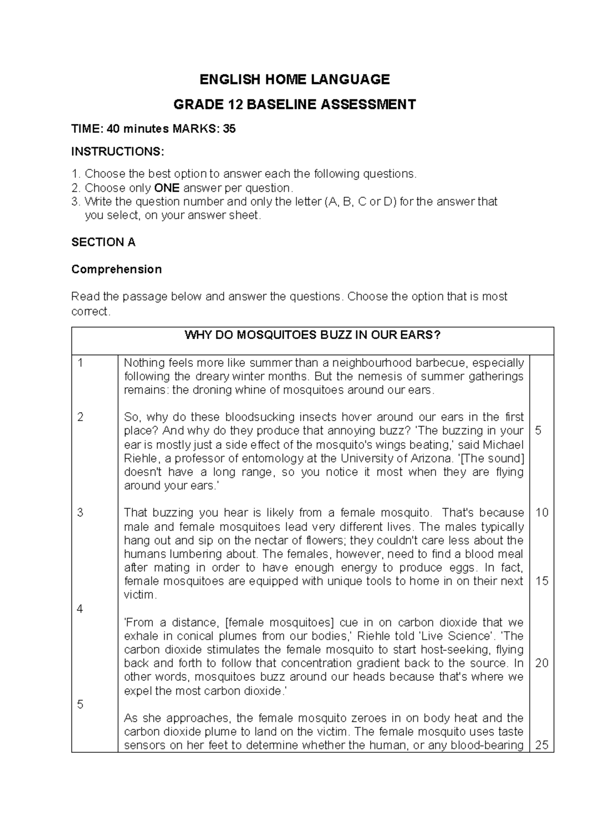 ENGLISH HOME LANGUAGE GRADE 12 BASELINE ASSESSMENT QUESTIONS - Studocu
