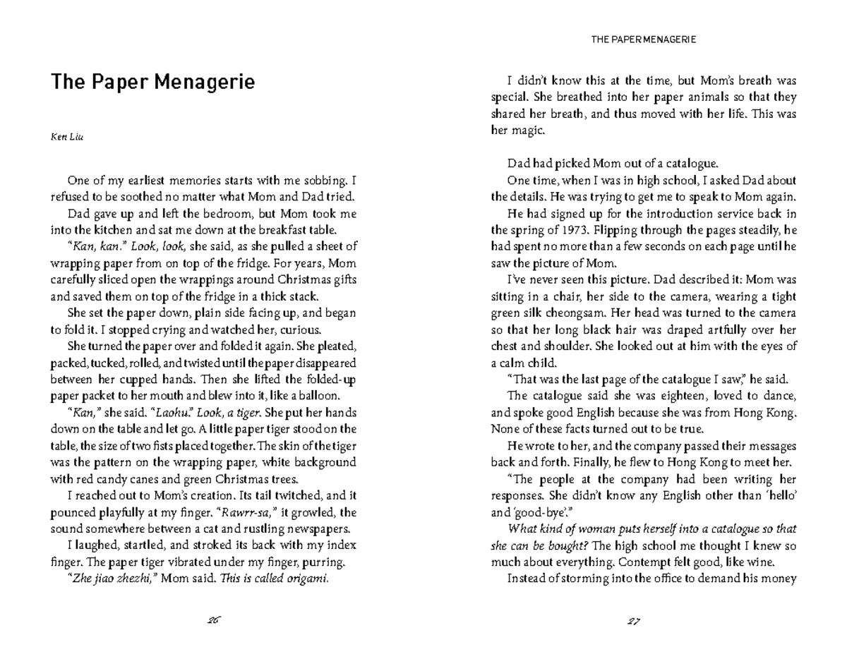 The Paper Menagerie: A Study of Ken Liu's Magical Realism - Studocu