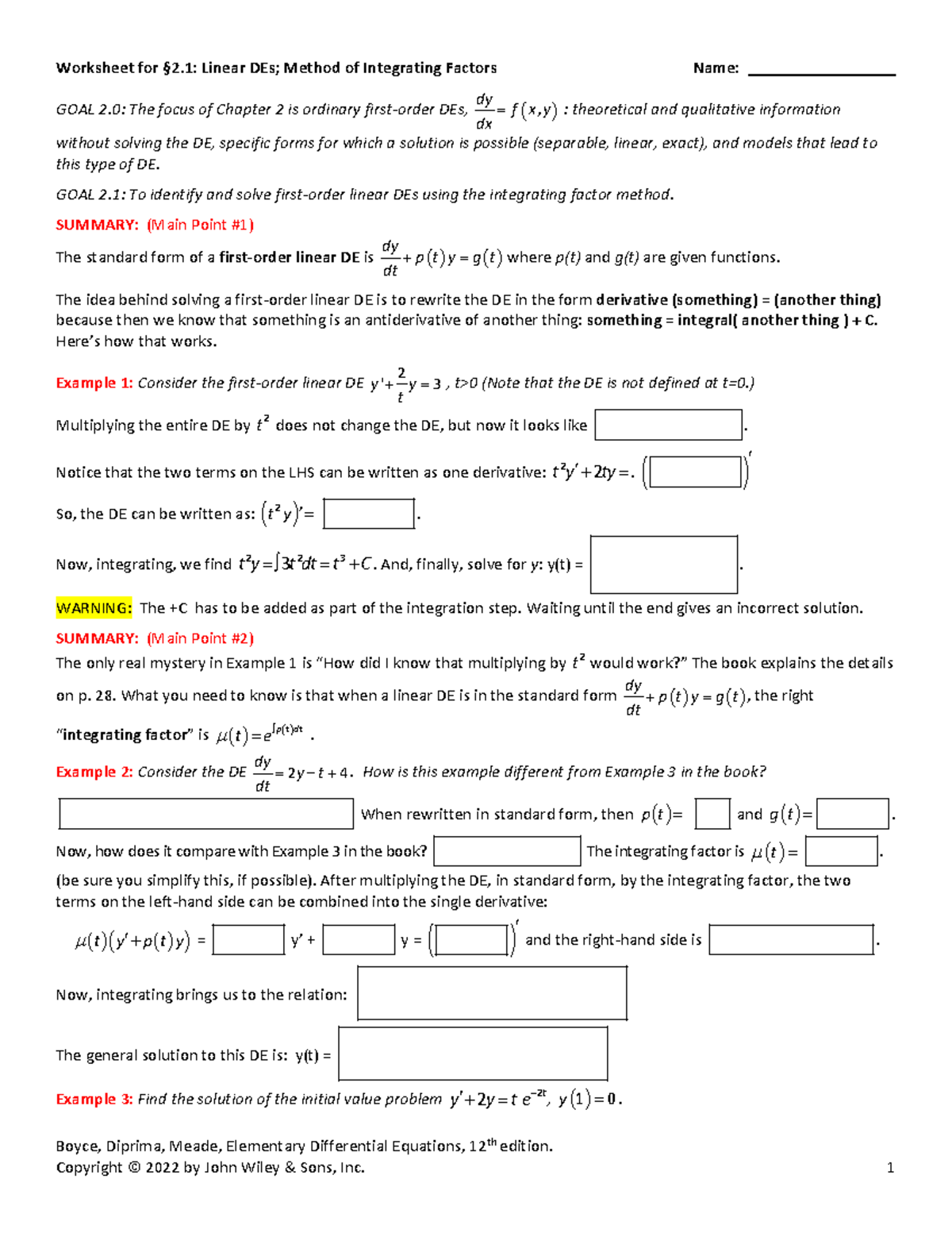 Worksheet for MATH 202: Solving First-Order Linear DEs with Integrating ...
