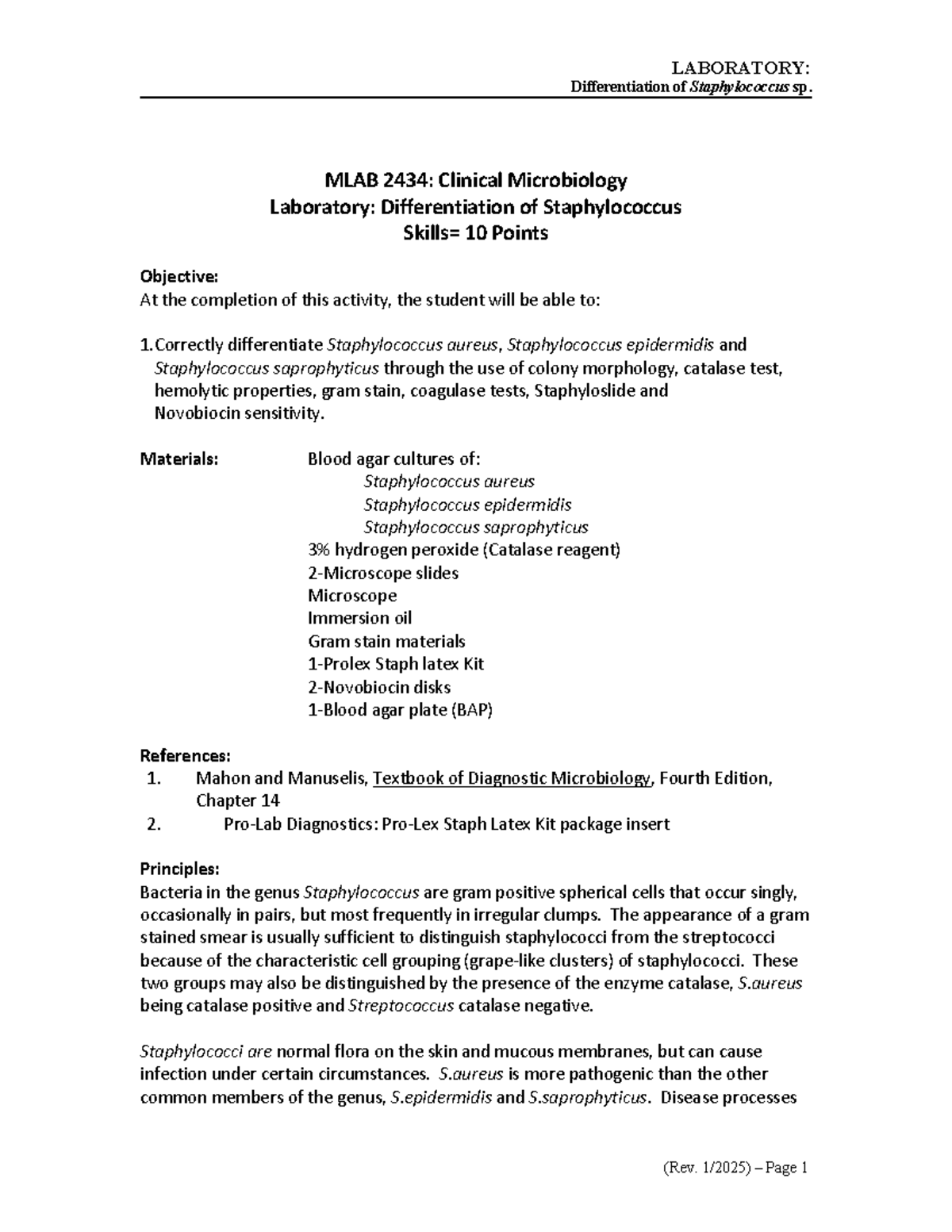 LAB MLAB 2434: Differentiation of Staphylococcus Species Lab Guide ...
