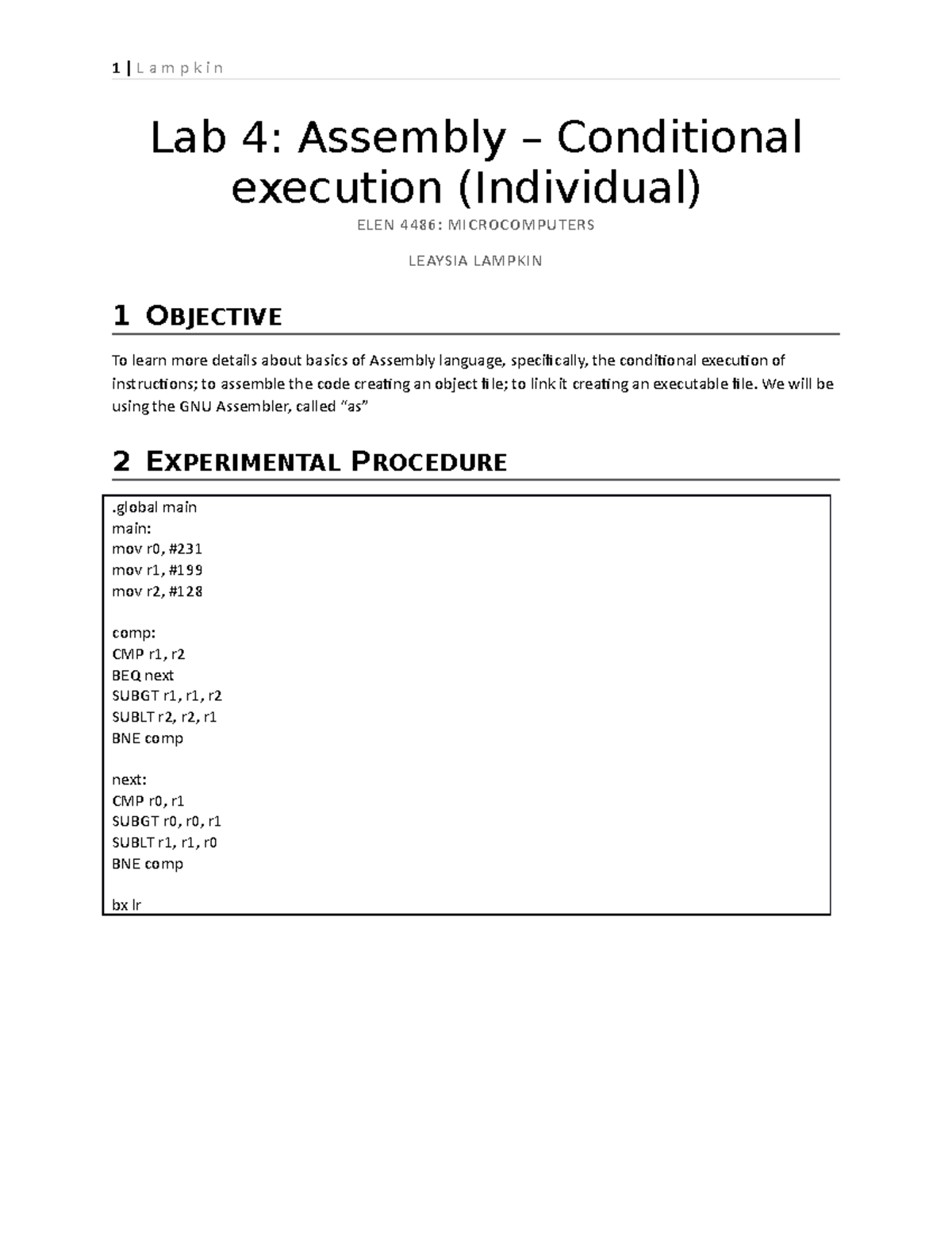 ELEN 4486 Lab 4: Assembly and Conditional Execution Analysis - Studocu