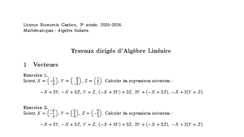 Livret TD d'Algèbre Linéaire L2 - Exercices et Solutions 2025-26 - Studocu
