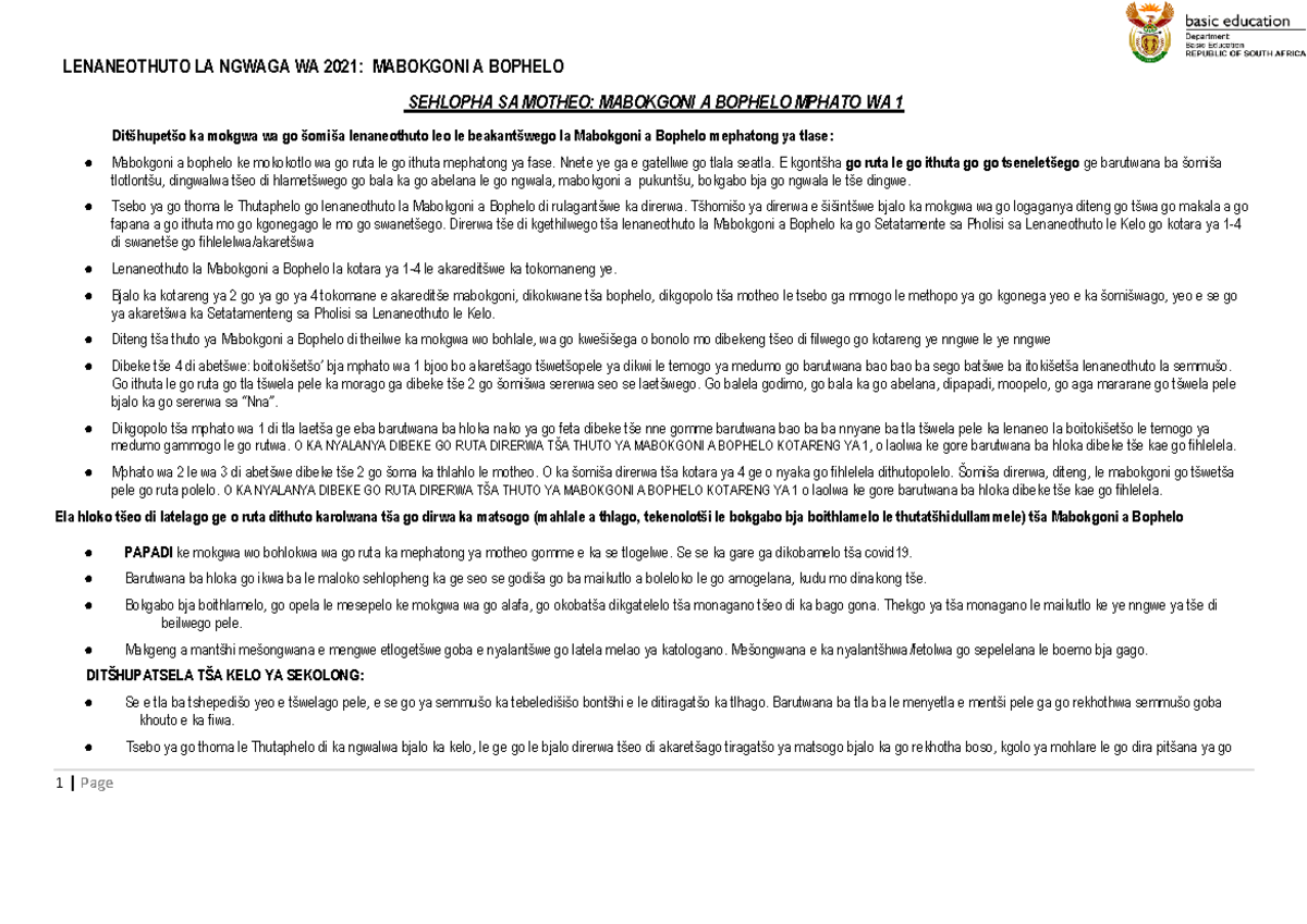 2021 LIFE Skills Sepedi ATP Grade 1 TERM 1 Curriculum Overview - Studocu