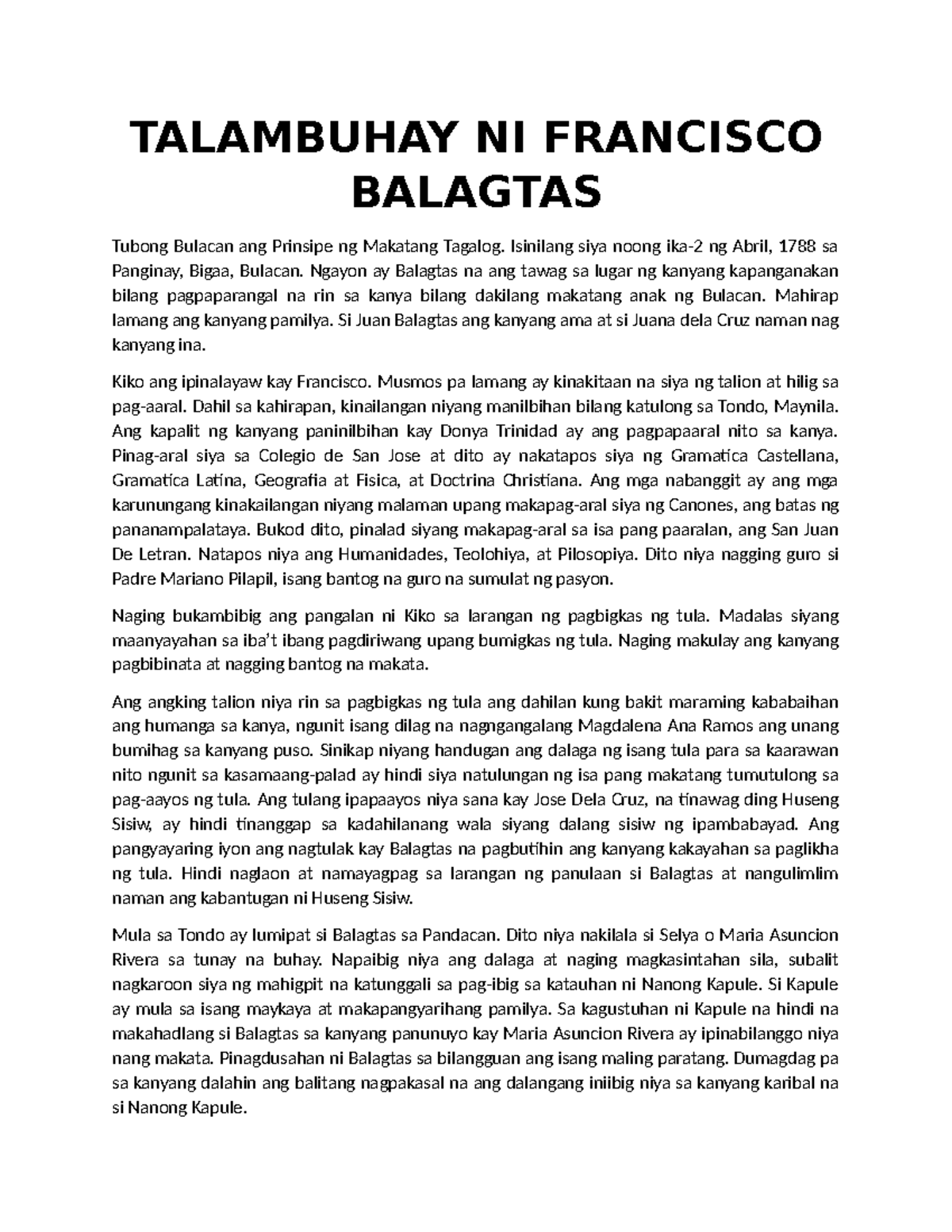 Talambuhay ni Francisco Balagtas: Ang Prinsipe ng Makatang Tagalog ...