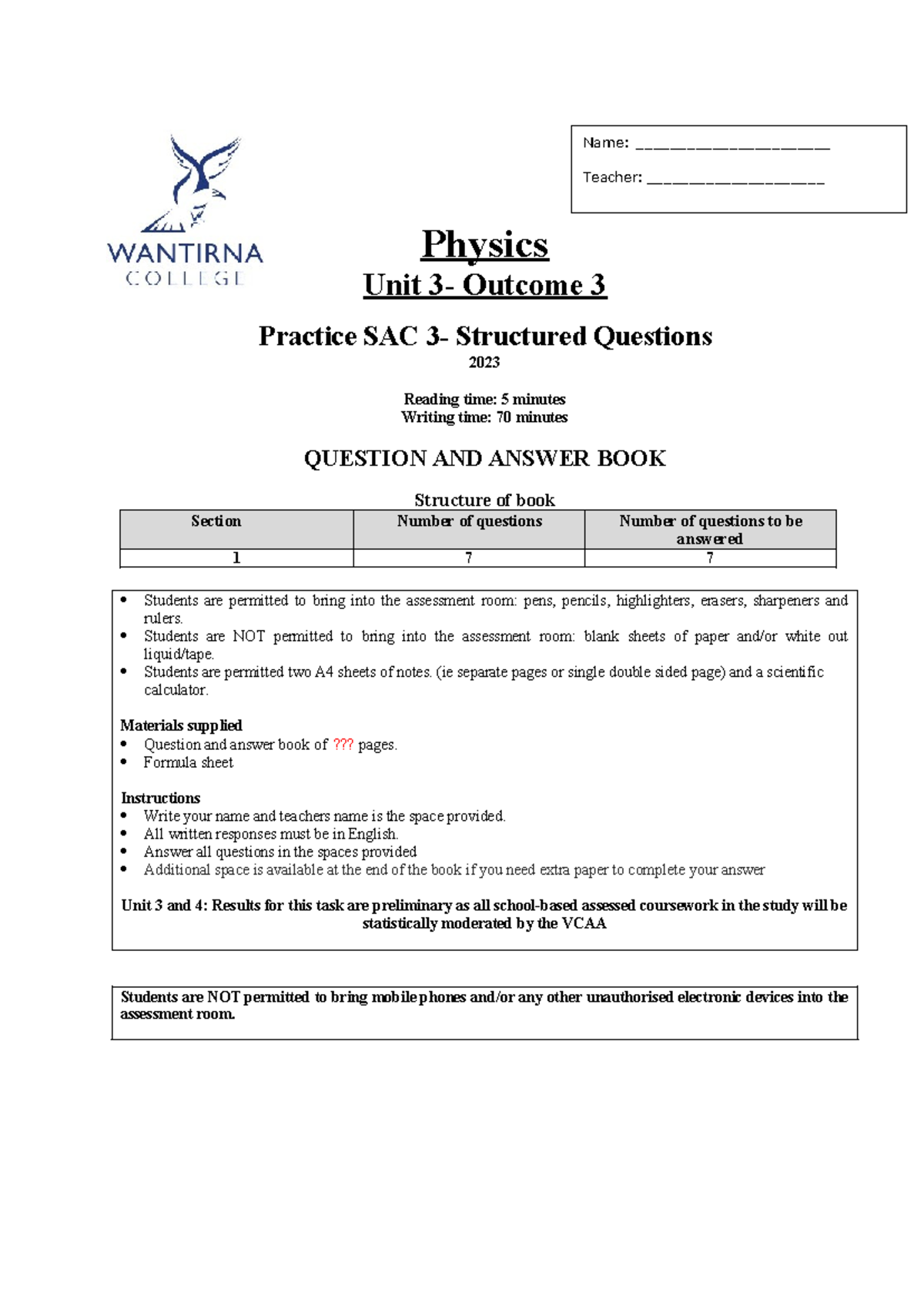 Motion Practice SAC Questions - Physics Unit 3- Outcome 3 Practice SAC ...
