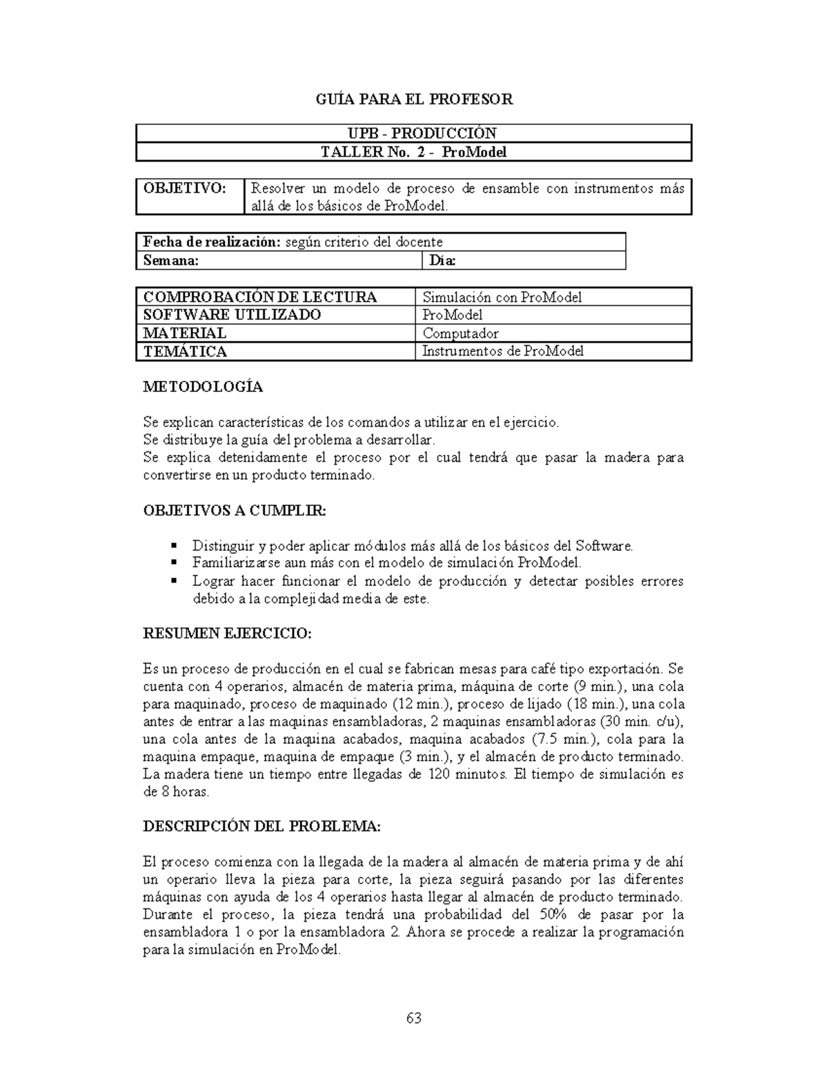 Guía Taller No. 2 - Simulación en ProModel (UPB - PRODUCCIÓN) - Studocu