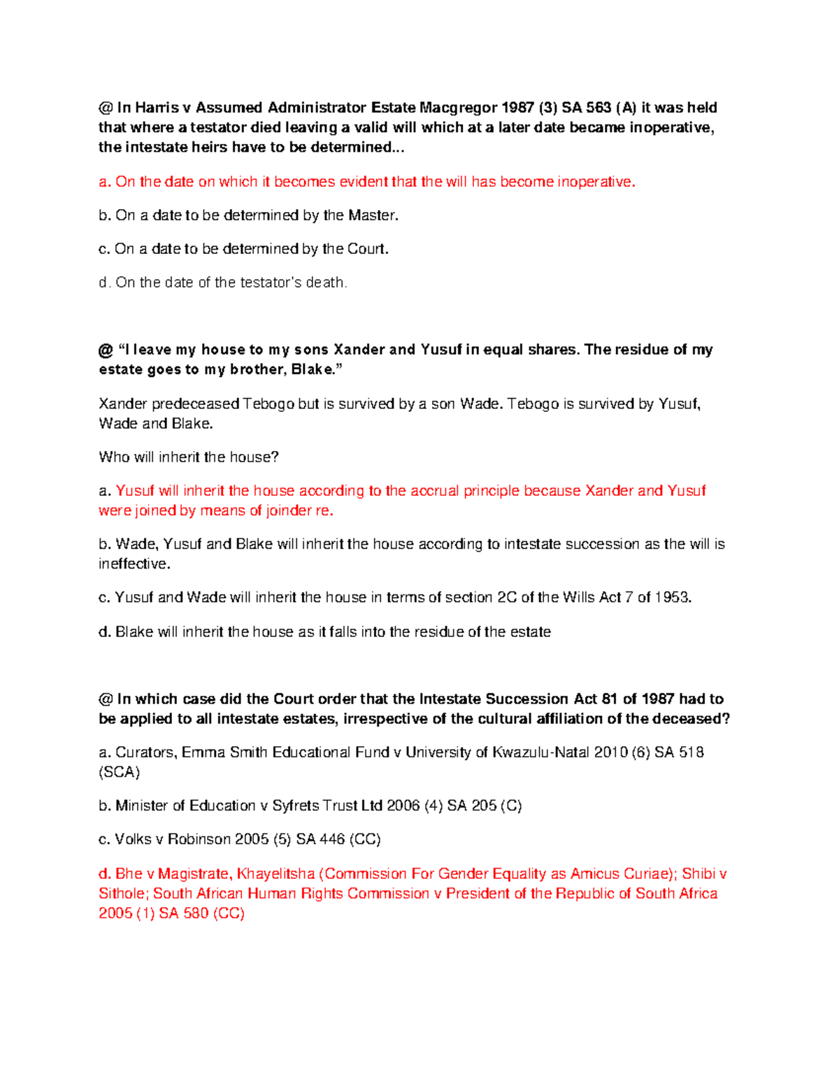Law of Succession 2023 Quiz: Key Questions & Answers - Studocu