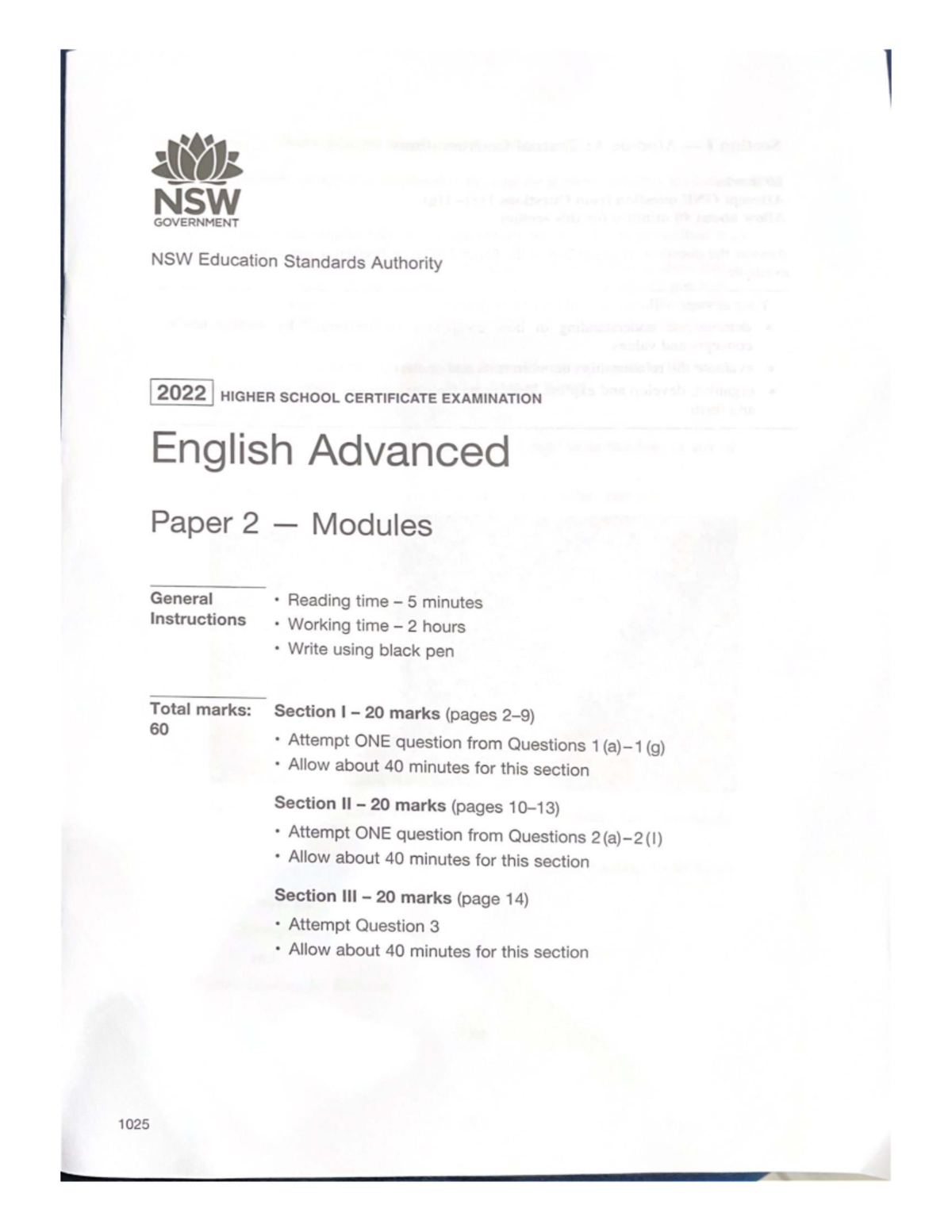 English Advanced HSC Exam 2022: Paper 2 Modules Overview - Studocu