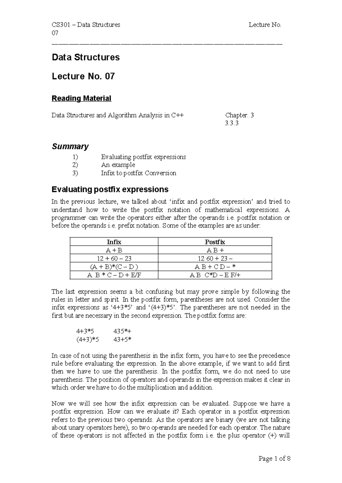 CS301 Data Structures Lecture 07: Postfix Evaluation & Conversion - Studocu