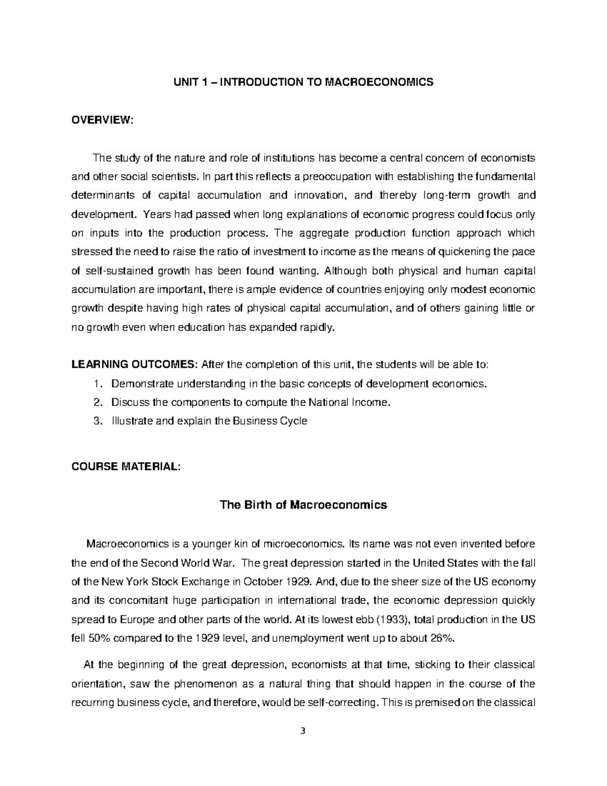 UNIT 1 Introduction to Macroeconomics - UNIT 1 – INTRODUCTION TO MACROECONOMICS OVERVIEW: The ...