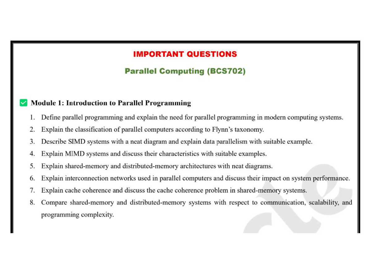 Important Questions on Parallel Computing (BCS702) Modules 1-5 - Studocu