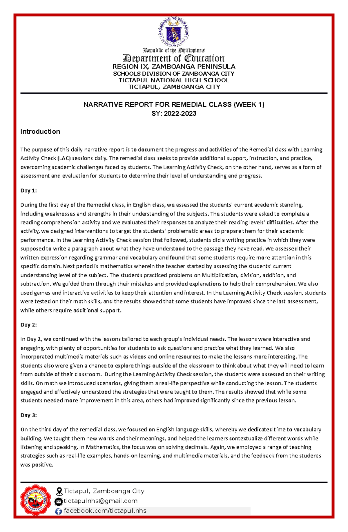 Narrative Report for Summer class - Department of Education REGION IX ...