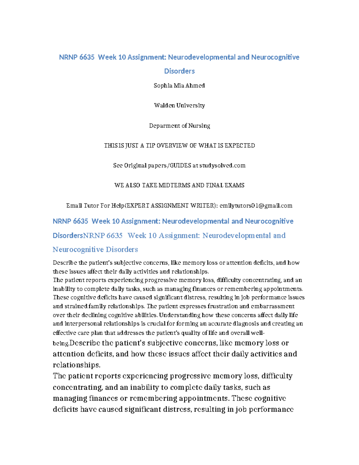 NRNP 6635 Week 10 Assignment: Neurodevelopmental & Neurocognitive ...