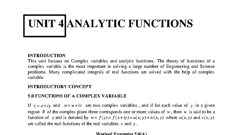ACCA Unit 4 - Analytic Functions and Complex Variables Overview - Studocu