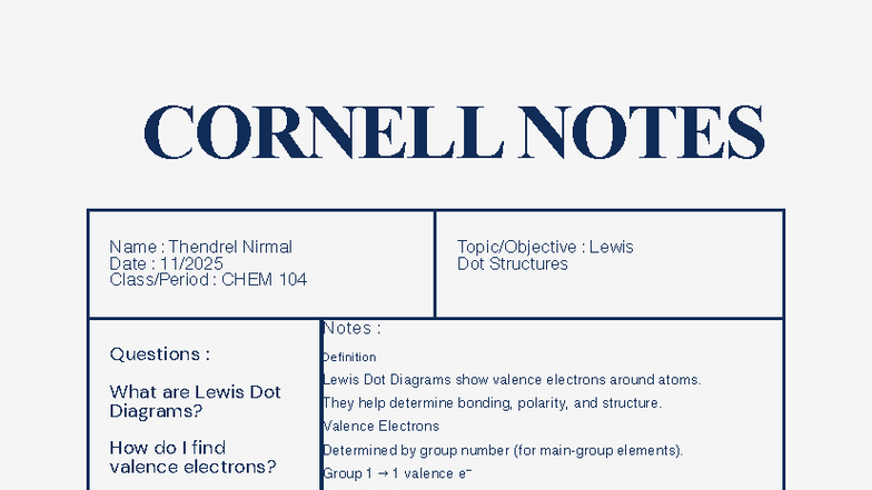 CORNELL NOTES: CHEM 104 - Lewis Dot Structures Overview - Studocu