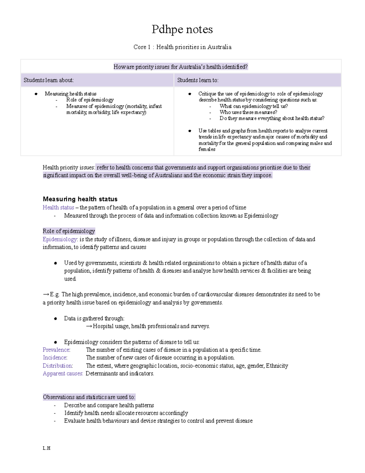 Pdhpe Syllabus Notes: Core 1 - Health Priorities in Australia - Studocu