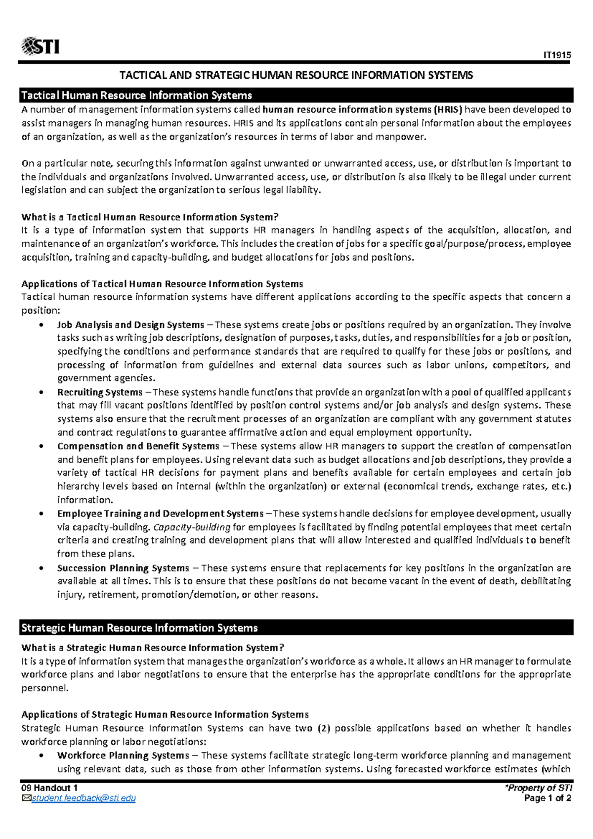 IT1915 TACTICAL & STRATEGIC HRIS Overview and Applications - Studocu