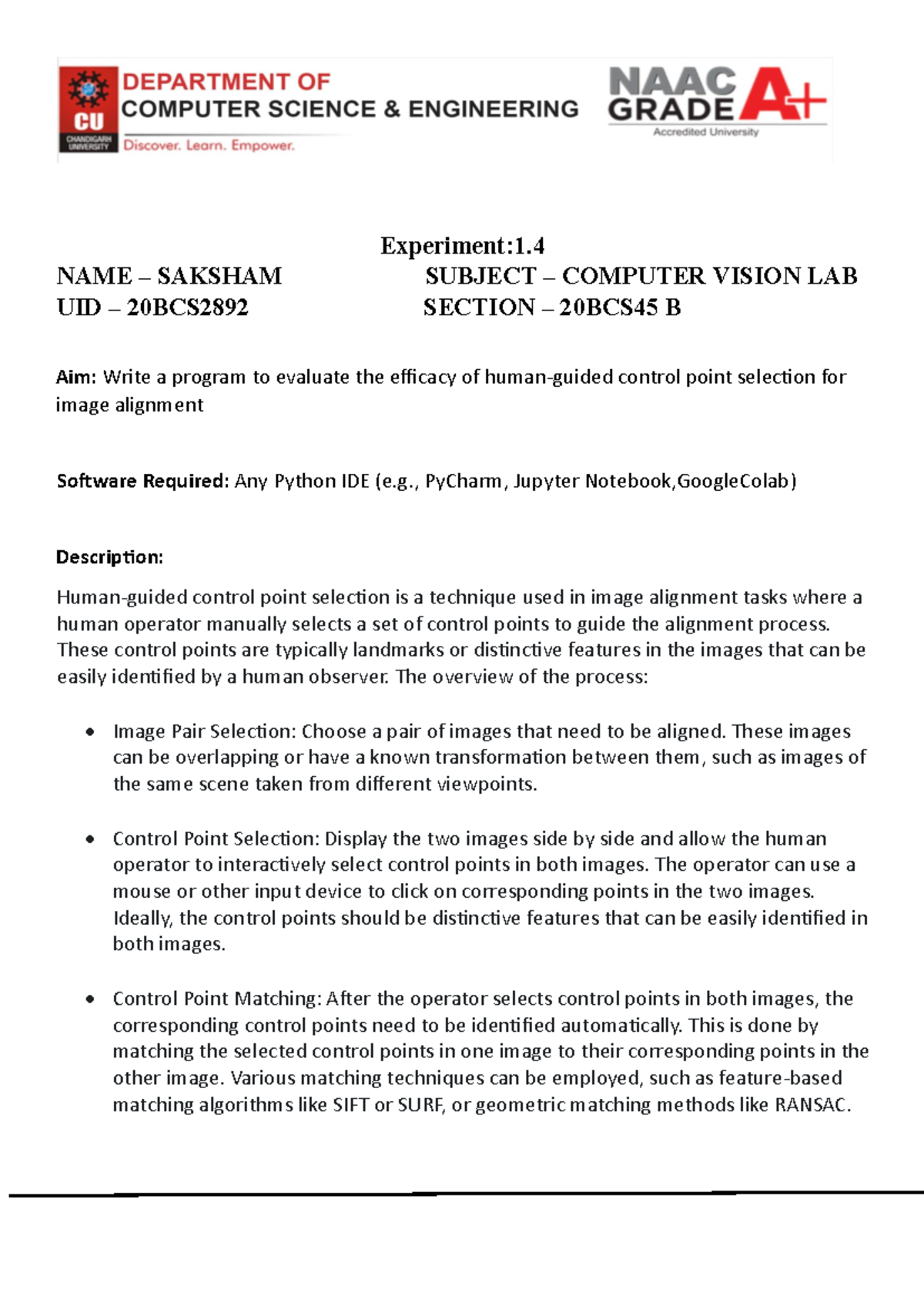 EXP 4 - Computer vision worksheet exp 4 - Experiment:1. NAME – SAKSHAM SUBJECT – COMPUTER VISION ...